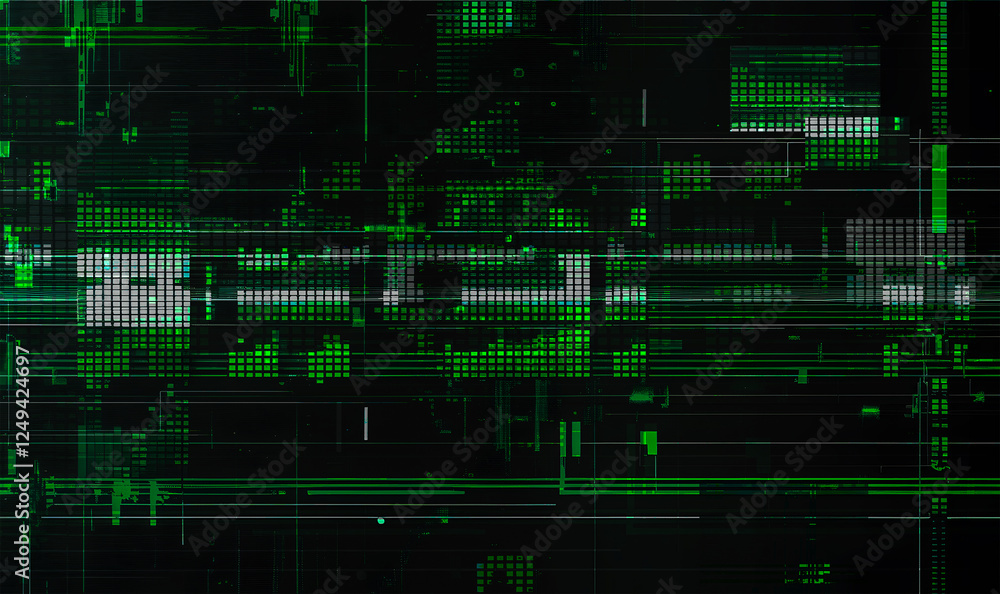 futuristic digital glitch art with green matrix-like cyber data ...