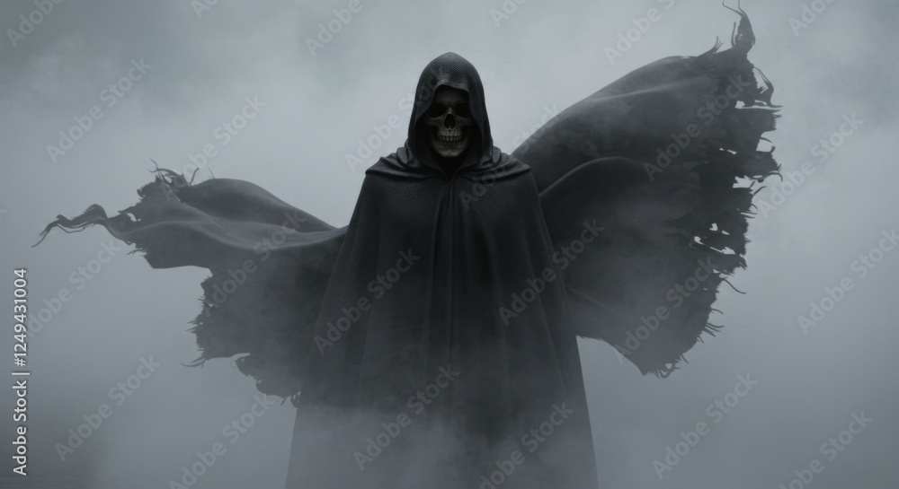 Black cloaked figure in a fog and mist surrounded smoke, death grim ...
