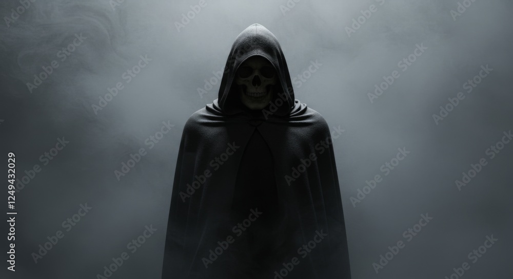 Black cloaked figure in a fog and mist surrounded smoke, death grim ...