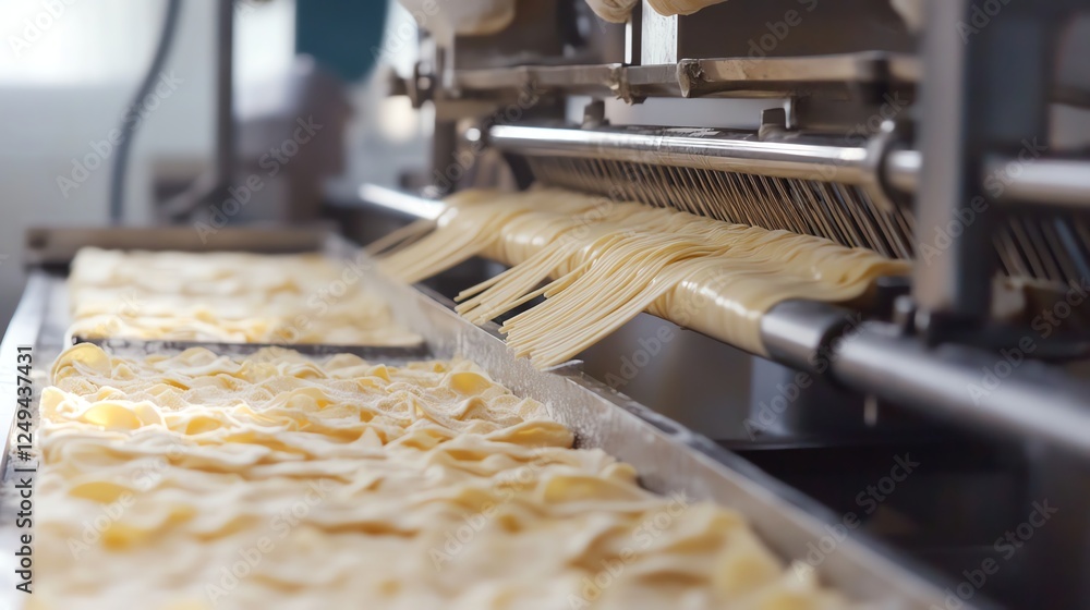 Pasta production line with fresh noodles being formed and cut by ...