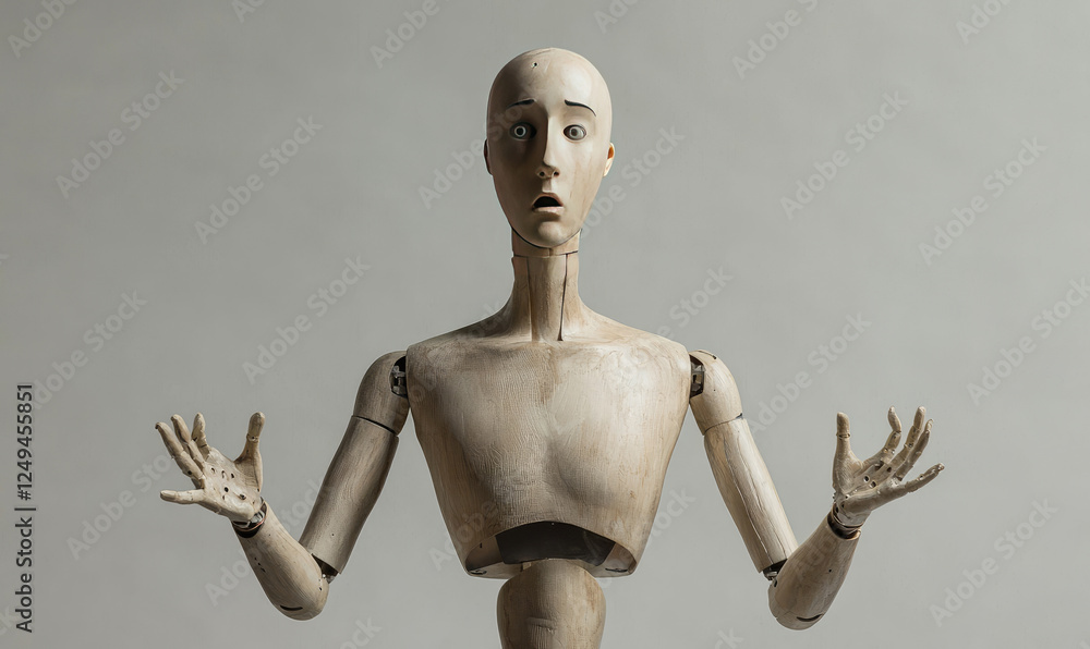 wooden mannequin with surprised expression and disjointed limbs stands ...