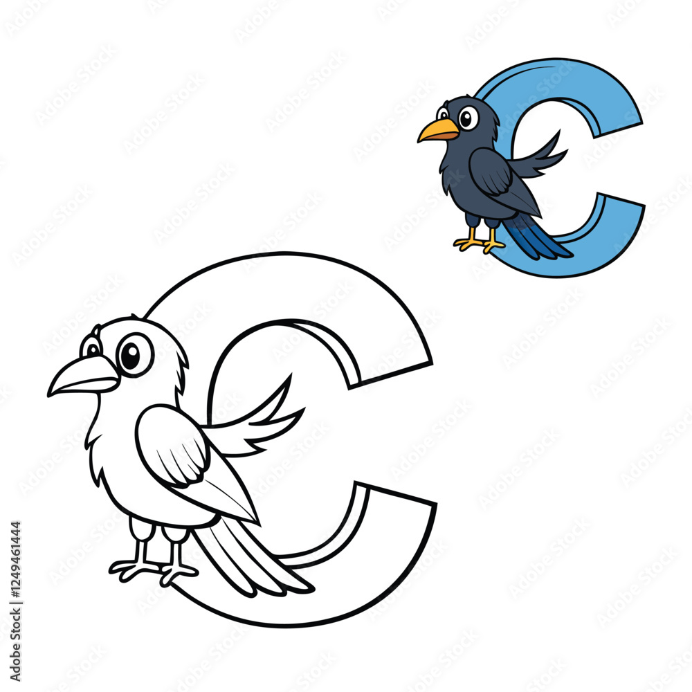 Alphabet letter "C" with a crow coloring page featuring a bold ...