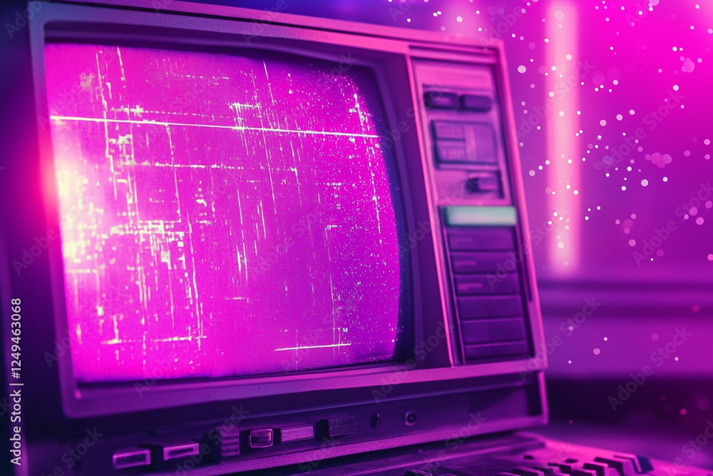 80s Retro wave style background displayed on vintage computer screen ...