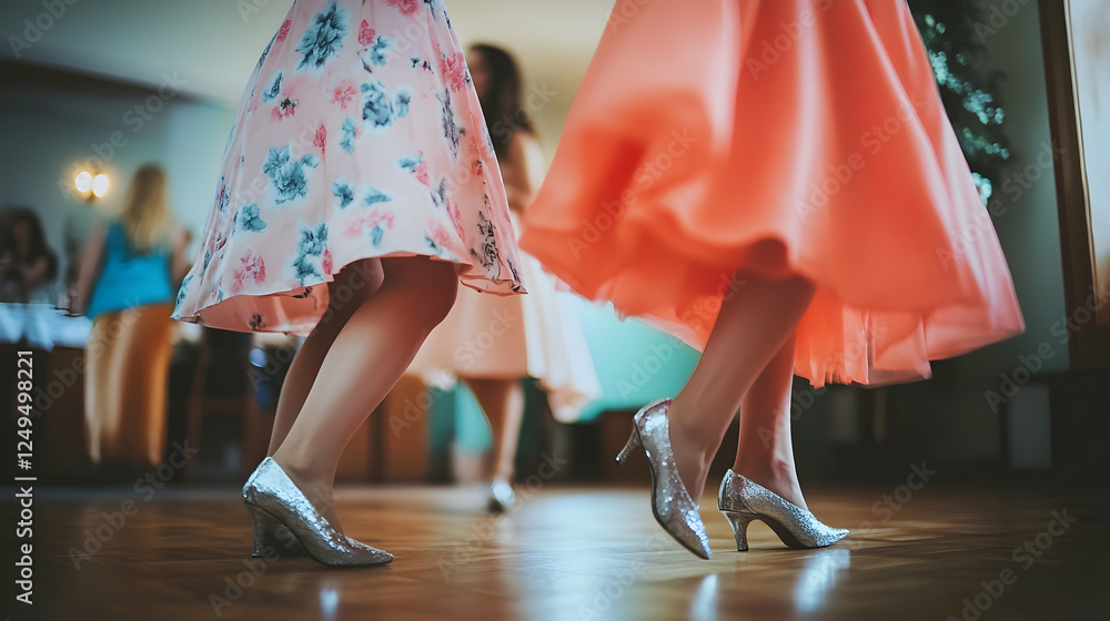 Women wearing vintage dresses and silver shoes dancing on a retro-style ...