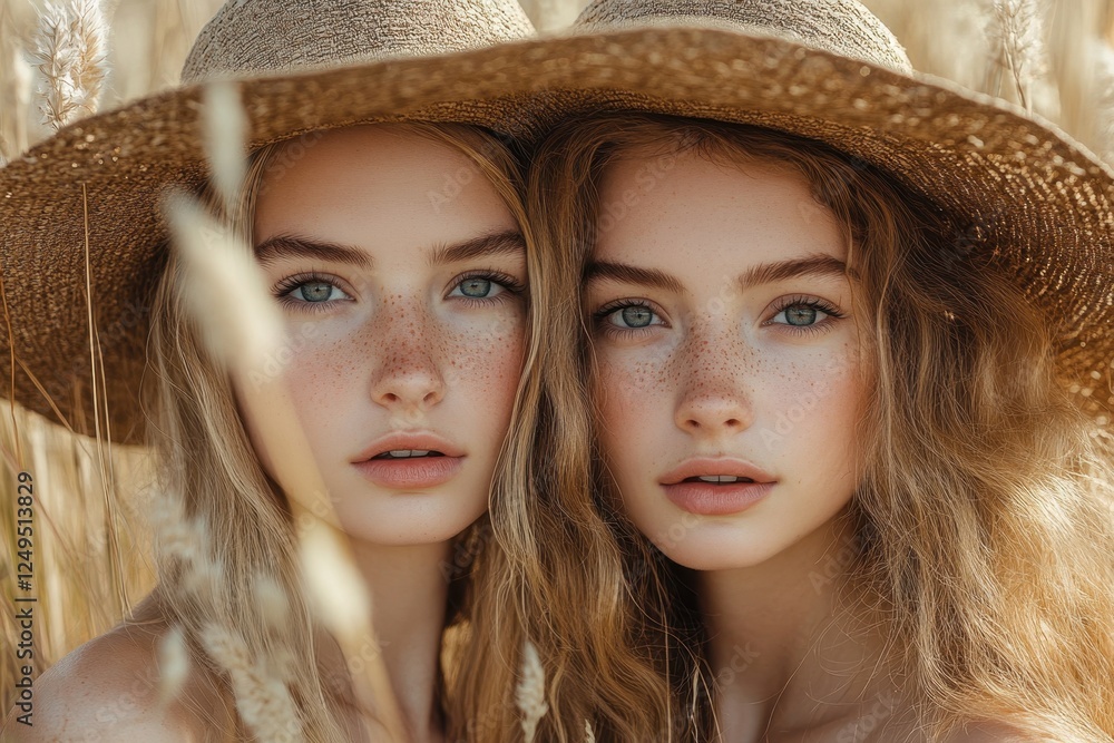 Twin sisters wearing straw hats pose together in a golden field during ...