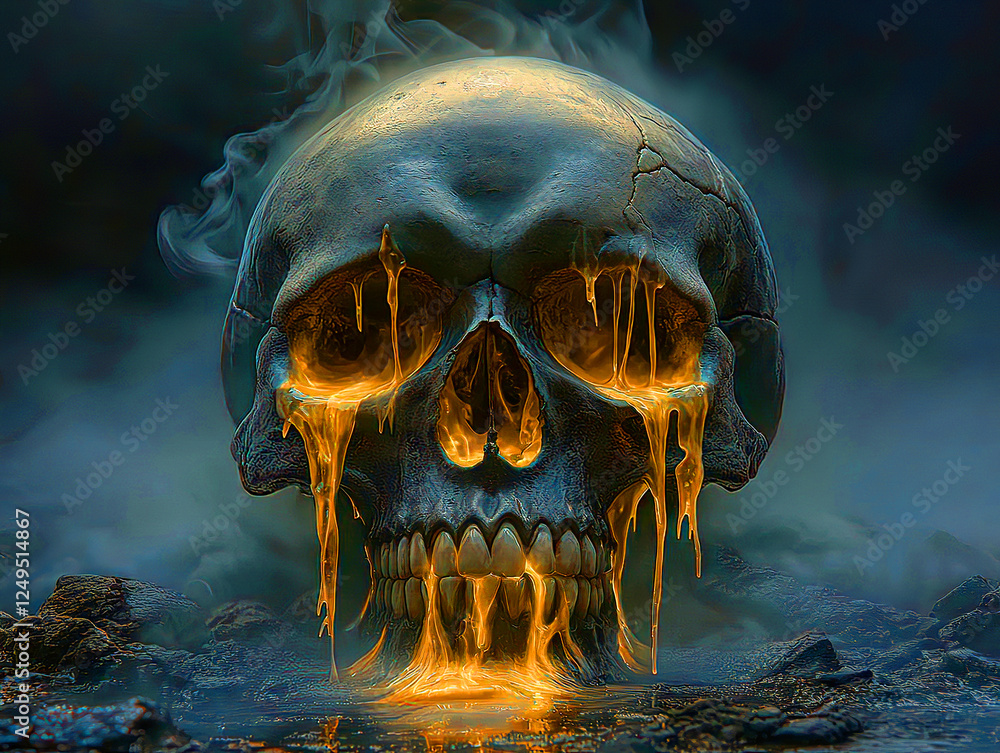 Skull emerges in abstract surrealism creepy with fire and swirling ...