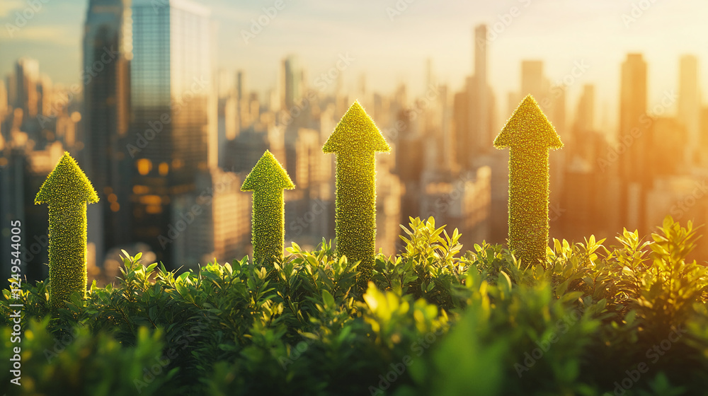 Green arrows made from plants point upwards in front of a city skyline ...