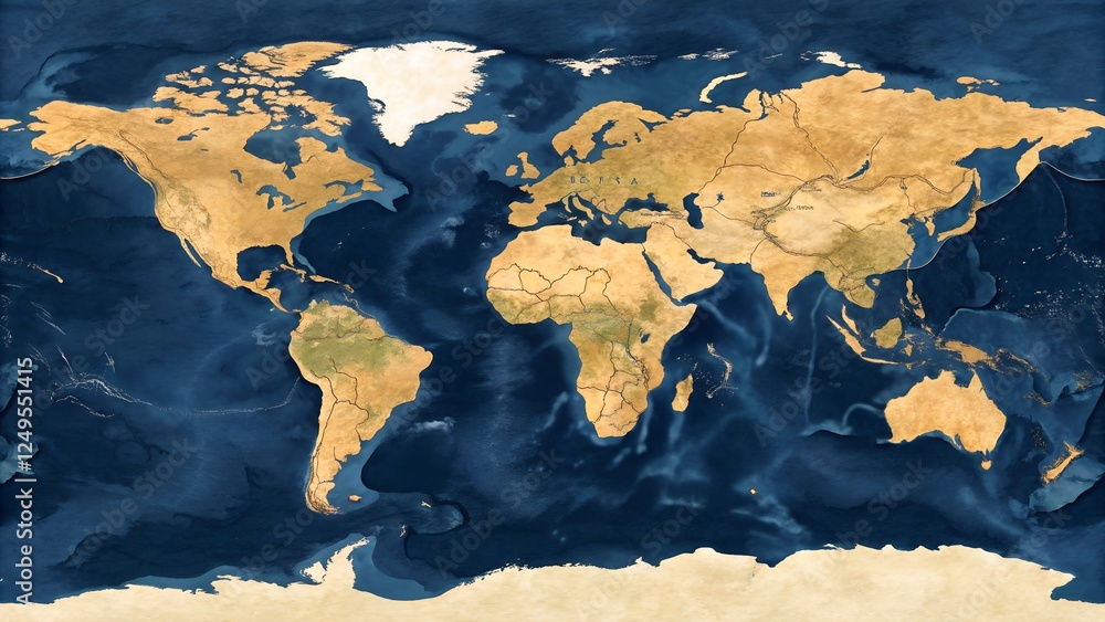 Detailed World Map Highlighting Landmasses and Bodies of Water Stock ...