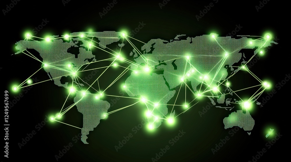 Abstract Digital Global Network Map Illustration with Green Node Lights ...