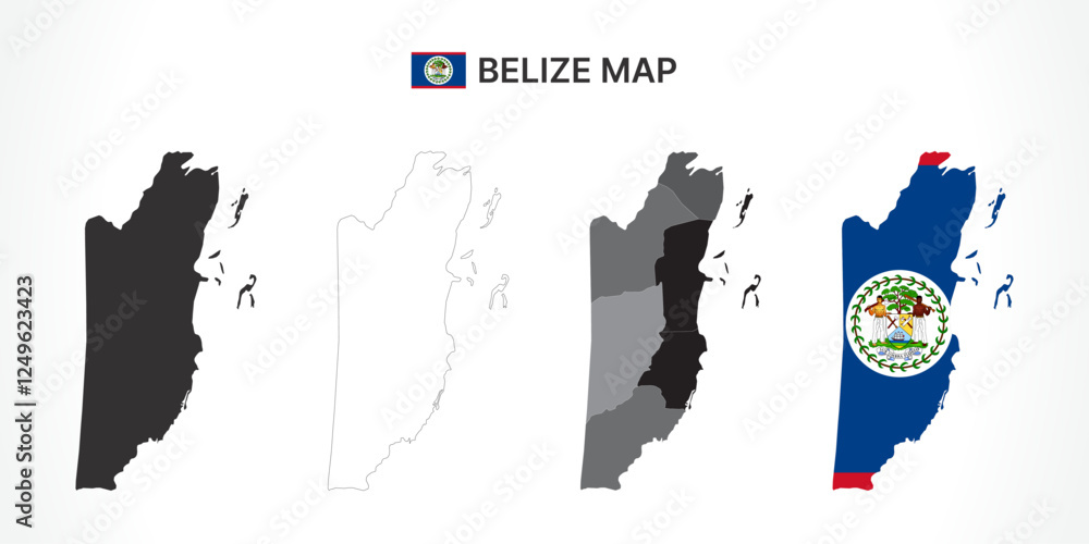 Detailed Belize Map Collection with Outline, Silhouette, Districts, and ...