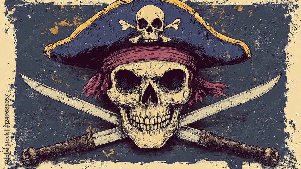 Avast! A Grim Pirate Emblem: Skull Adorned with Tricorne, Bandana, and ...