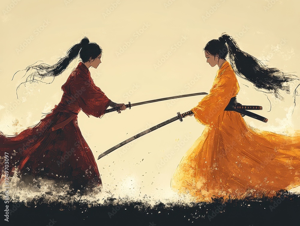 Two warriors in traditional attire duel with swords amidst dynamic ...