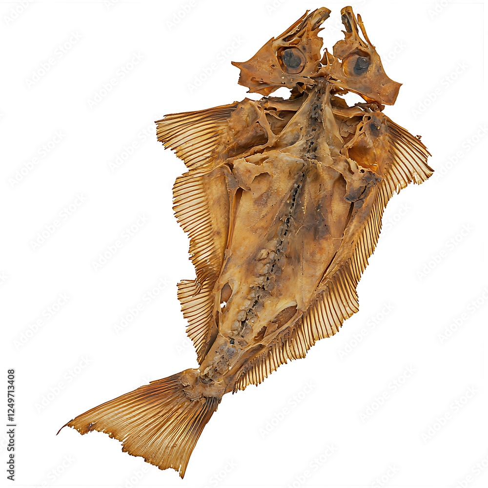 Dried fish skeleton featuring prominent eye sockets, fins, and spinal ...