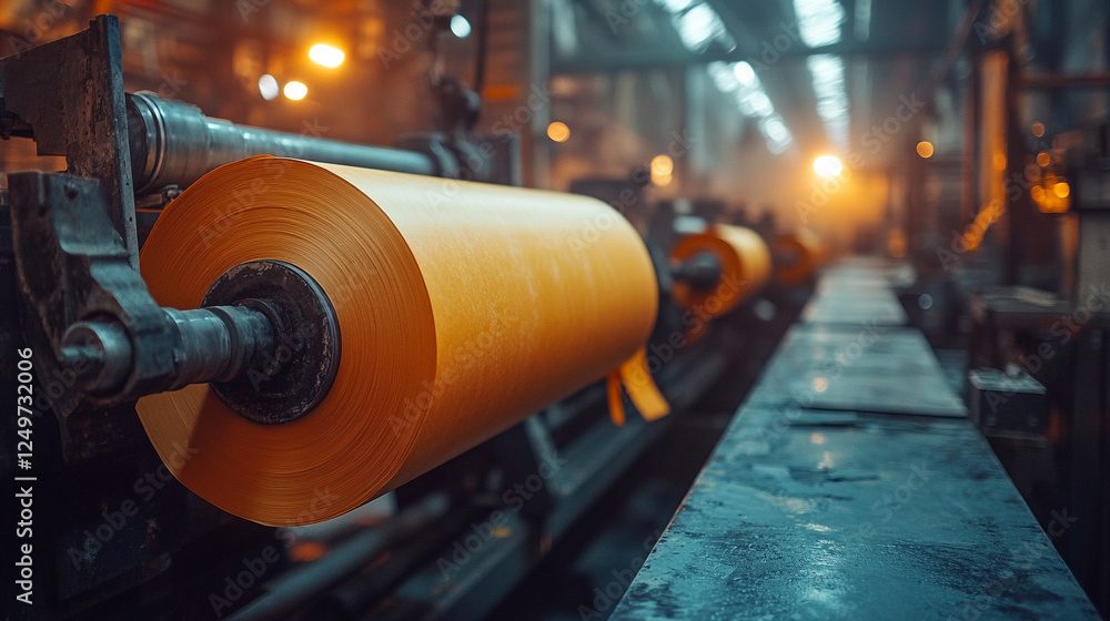 Machines at a paper mill turning pulp into large rolls, symbolizing ...