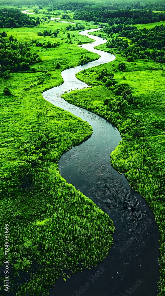 Meandering river flows through lush green valley with dense forest and meadows, aerial view ...