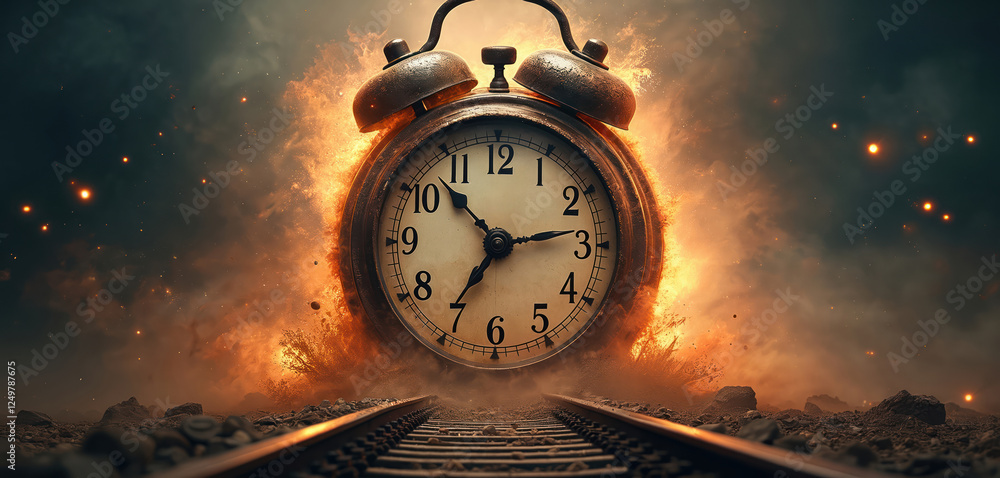 Time stops in dramatic visual. Rusty clock explodes in flames on train tracks. Surreal ...