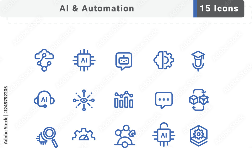A modern AI and automation icon set featuring clean, vector-based illustrations of artificial ...