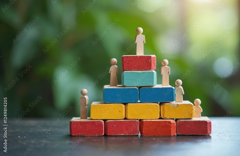 Colorful wooden blocks form pyramid structure with small wooden figures ...