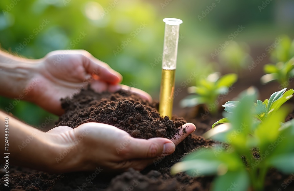 Hands hold soil sample analyzed with test tube. Young plants grow in ...