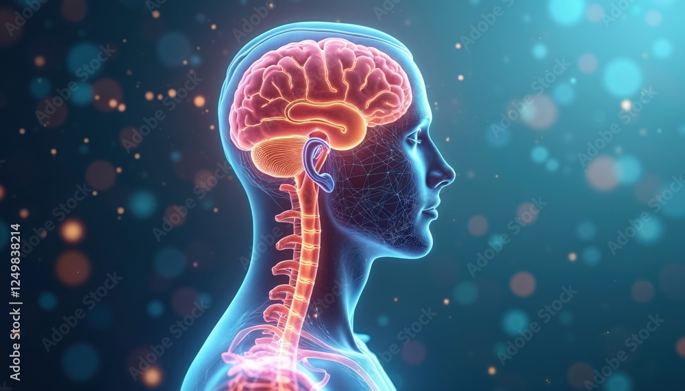 Human head, neck anatomy highlighted with glowing vibrant colors ...