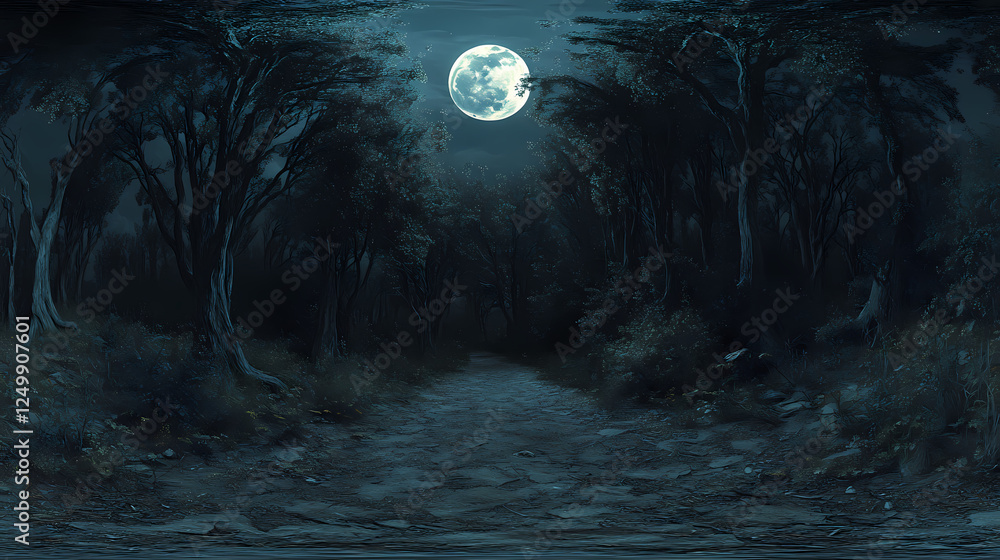 degree, dark forest path illuminated by the moon, with ghostly ...