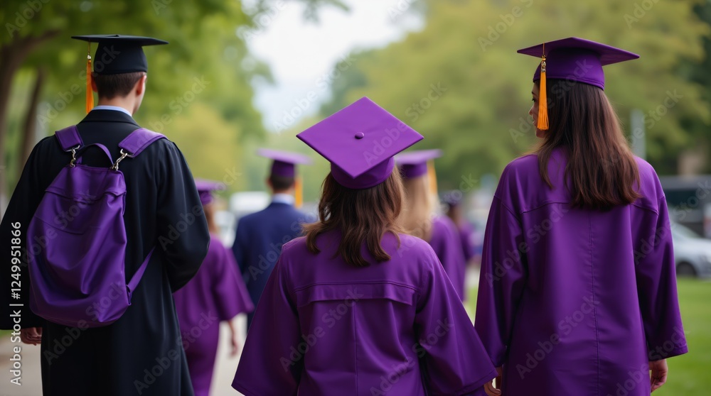 Students in purple graduation gowns and caps walking on campus pathway ...