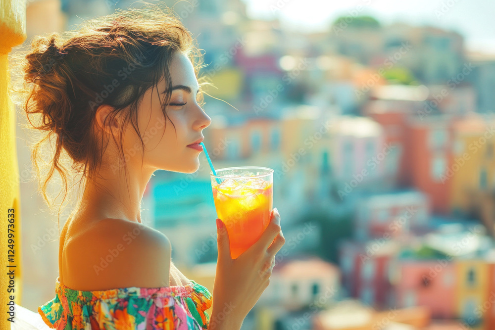 Woman sipping drink from glass, eyes closed in pleasure. Background ...