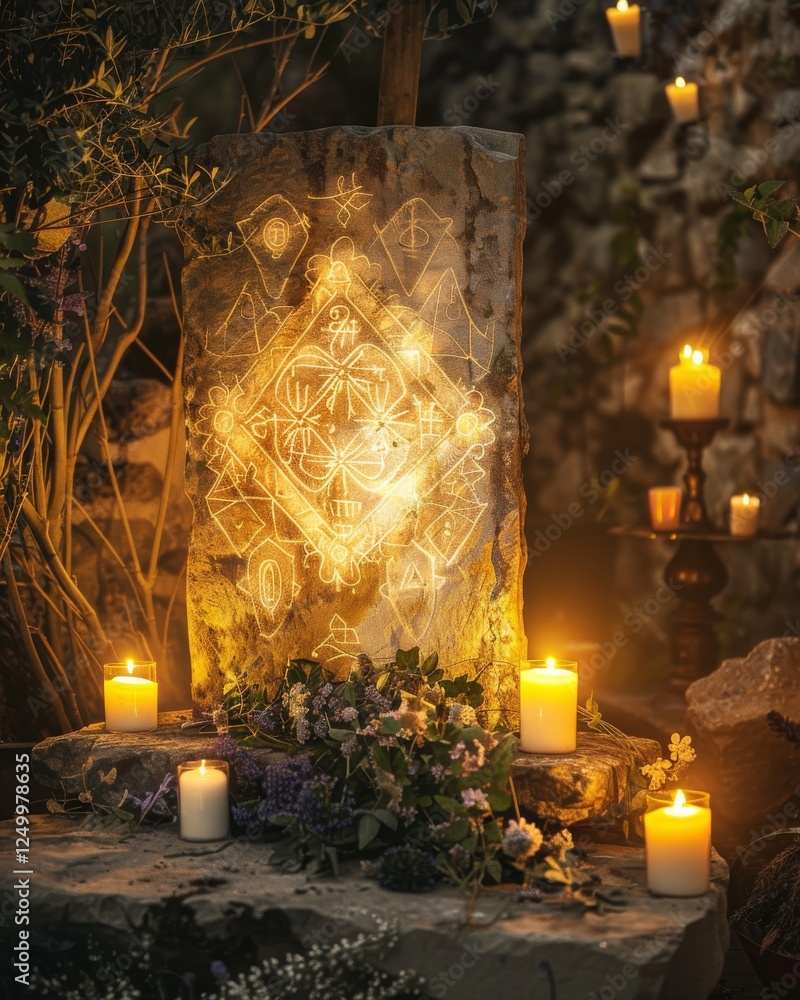 Mystical Alchemical Symbols Illuminated on Stone Surface Conveying ...