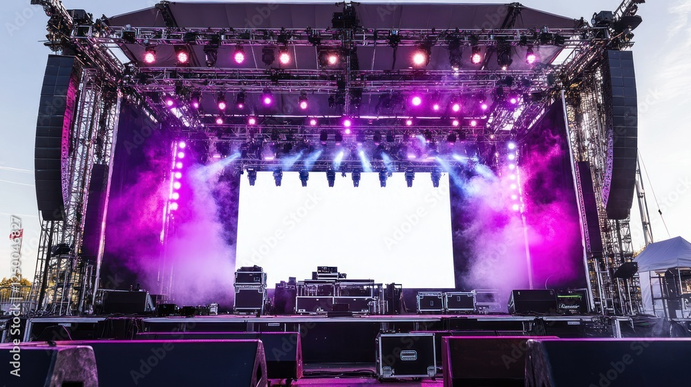 Festival stage is open-air with an ultra-wide white screen ...