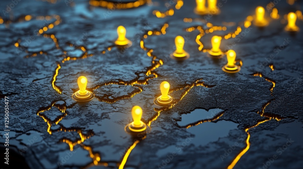 Illuminated Map with Location Pins and Geographical Features Stock ...