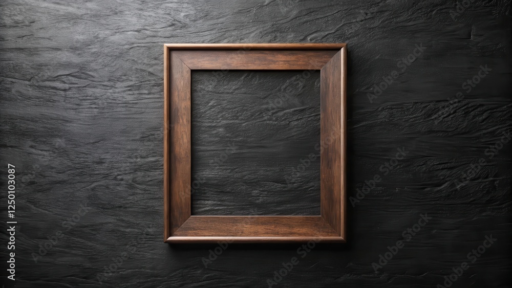 Dark wood picture frame on black wall background with subtle texture ...
