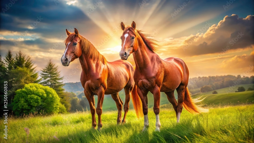 Two majestic red horses captured in a deep depth of field; a stunning ...