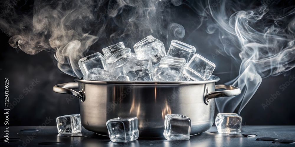 Transparent ice cubes floating in a pot of boiling water with steam ...