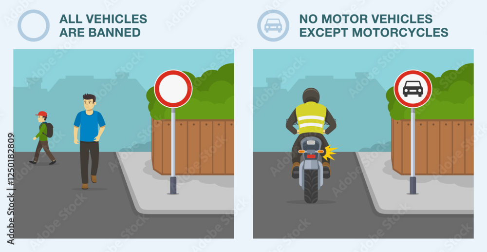 Safe driving tips and traffic regulation rules. European "No vehicles ...