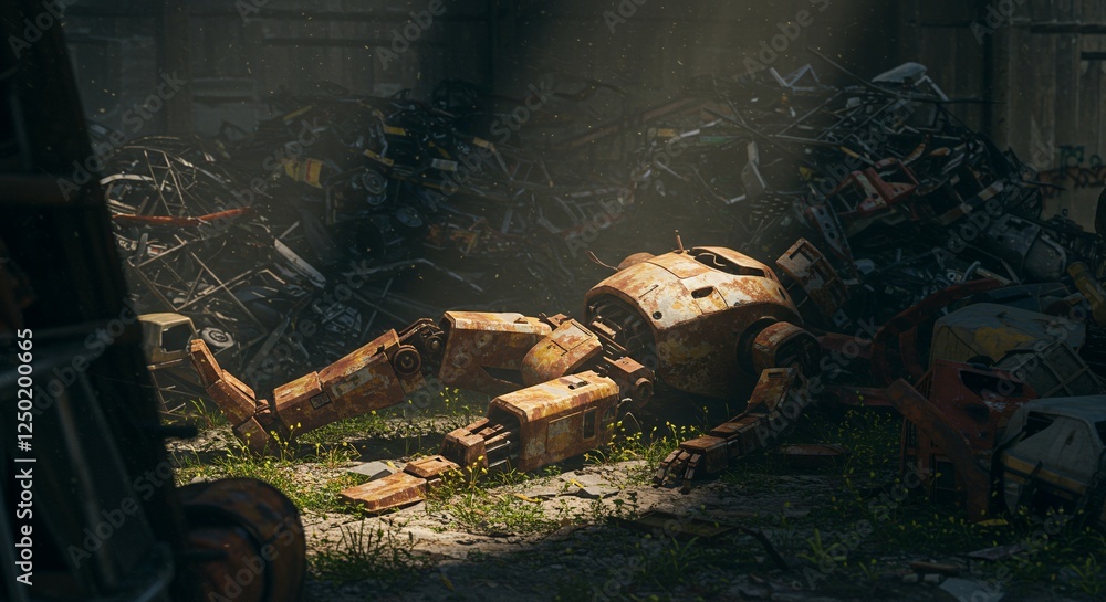 Broken rusted robot lies among scrap metal and growing weeds Stock ...