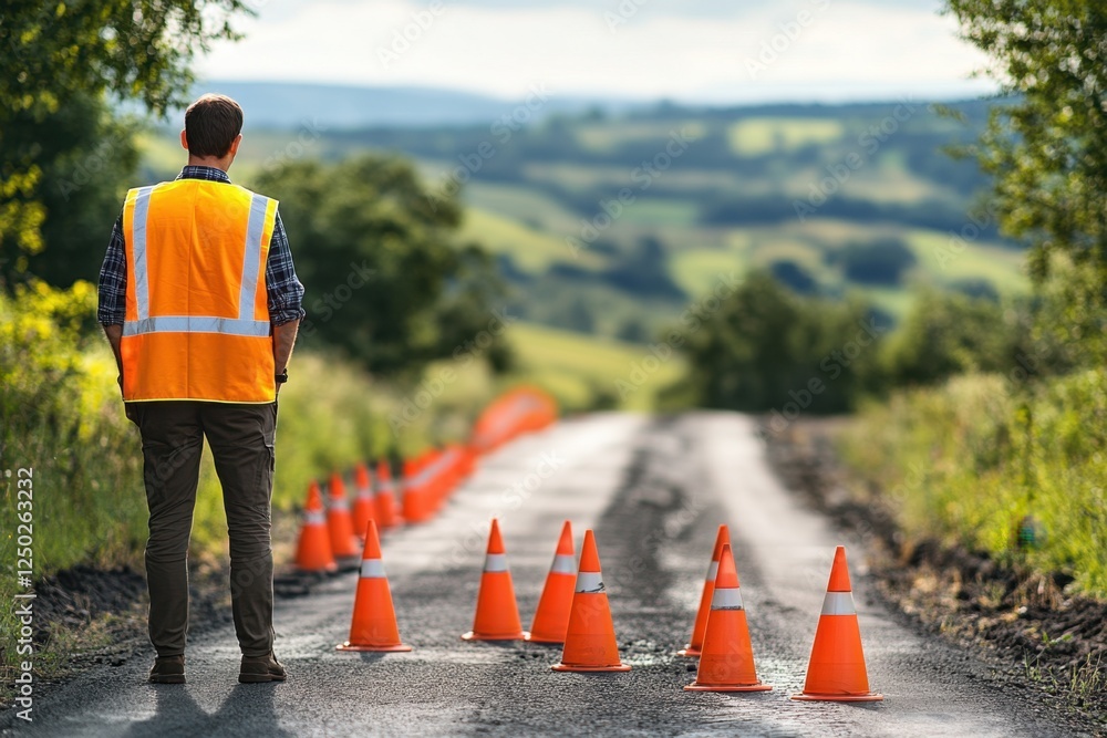 Foto de Stock Road Construction Safety First Engineer checking cone ...
