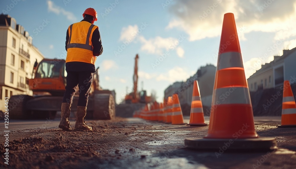 Safety First Road Construction Worker Setting Up Traffic Cones for ...