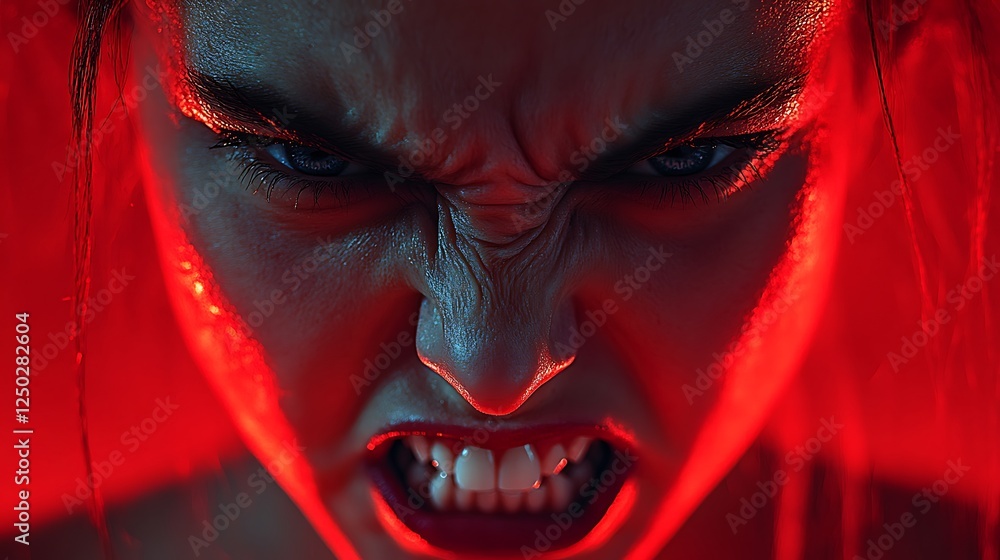 Crimson Rage: A dramatic close-up of a woman's face, illuminated by ...