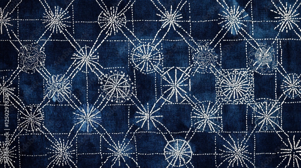 Sashiko Fabric Patches Wallpaper Image: Indigo Color with White Thread ...
