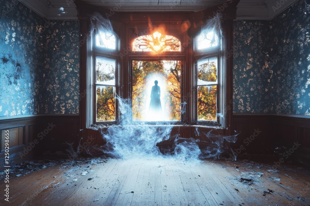 Ghostly figure appearing in dusty window of abandoned victorian mansion mysterious haunting ...