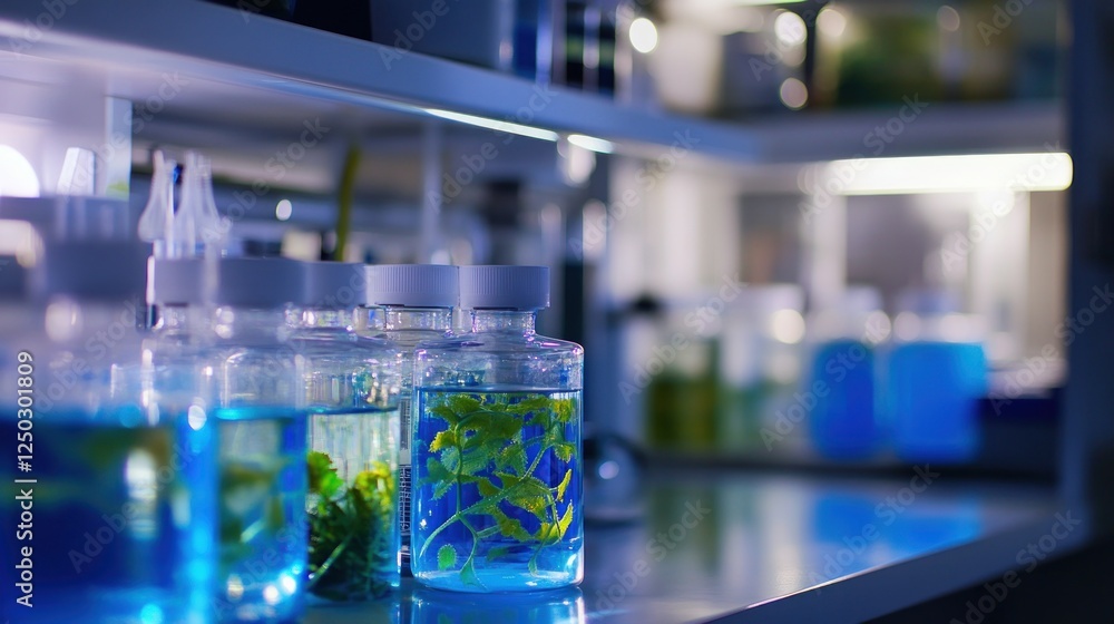Laboratory scene with glass containers holding blue liquid and plant ...