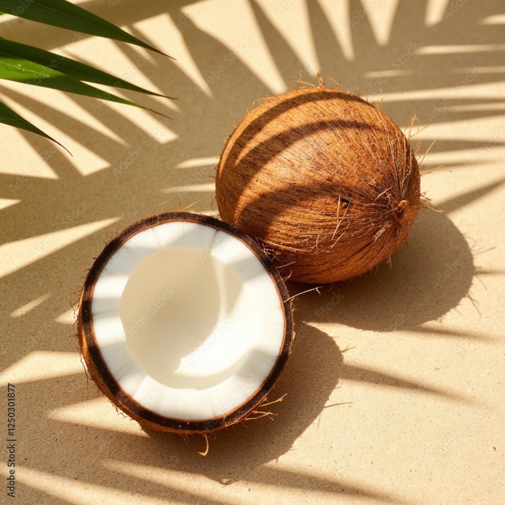 coconut milk palm tree topical fruit meat sandy rustic shell beige ...