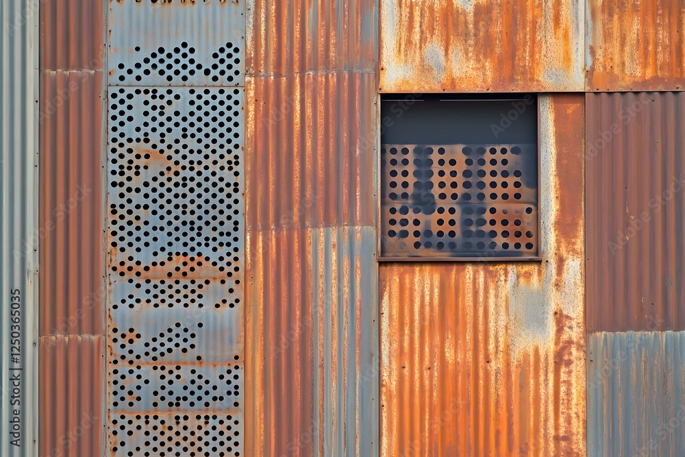 Rusty corrugated metal wall texture, perforated panels, urban ...
