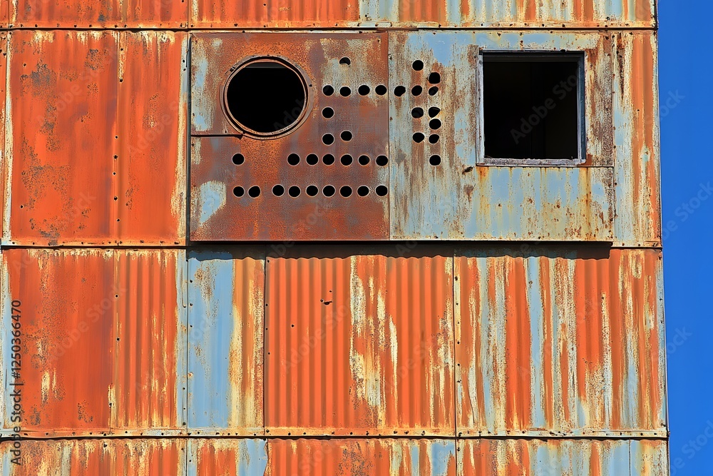 Rusty corrugated metal wall, panel detail, outdoors, clear sky ...
