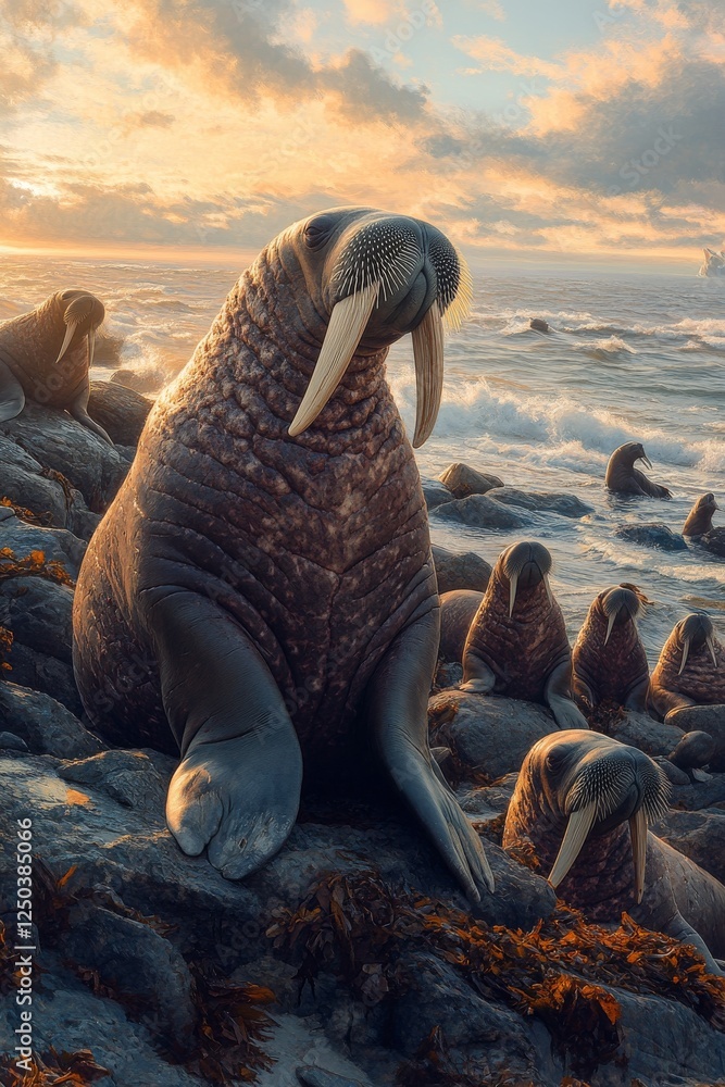 Majestic Gathering of Walruses on Rocky Shoreline, A Natural Display of ...