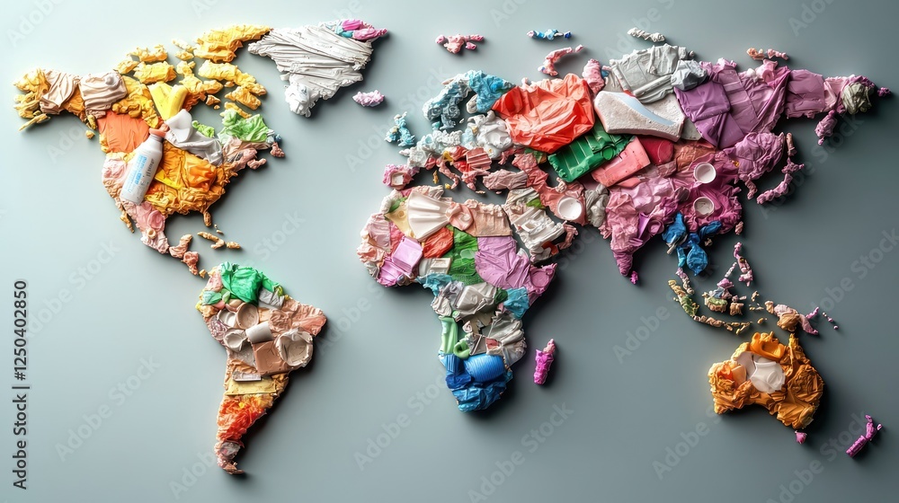 Colorful world map created from plastic waste illustrating ...