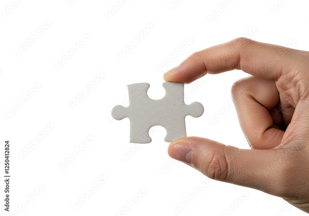 Hand holding puzzle piece, close-up, white background, problem-solving ...