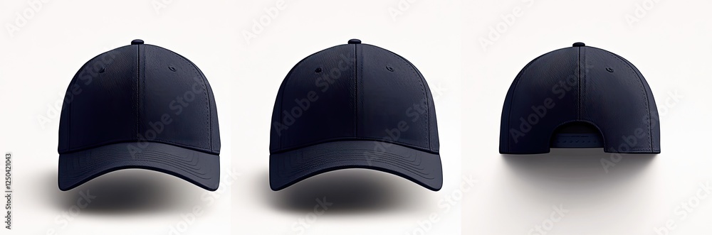 Navy blue baseball cap mockup, front, back, side views, white ...