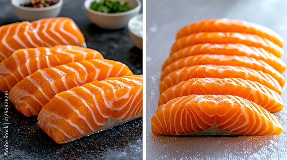 Foto de Stock Two images of salmon fillets side by side. generated ...