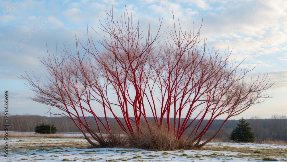 Winter landscape featuring an architectural cornus shrub with striking ...